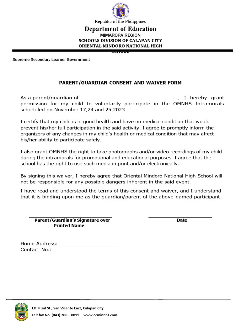 Parent Consent and Waiver for Intramurals | PDF