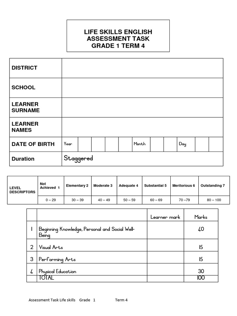 Grade 1 Term 4 Life Skills Assessment | PDF