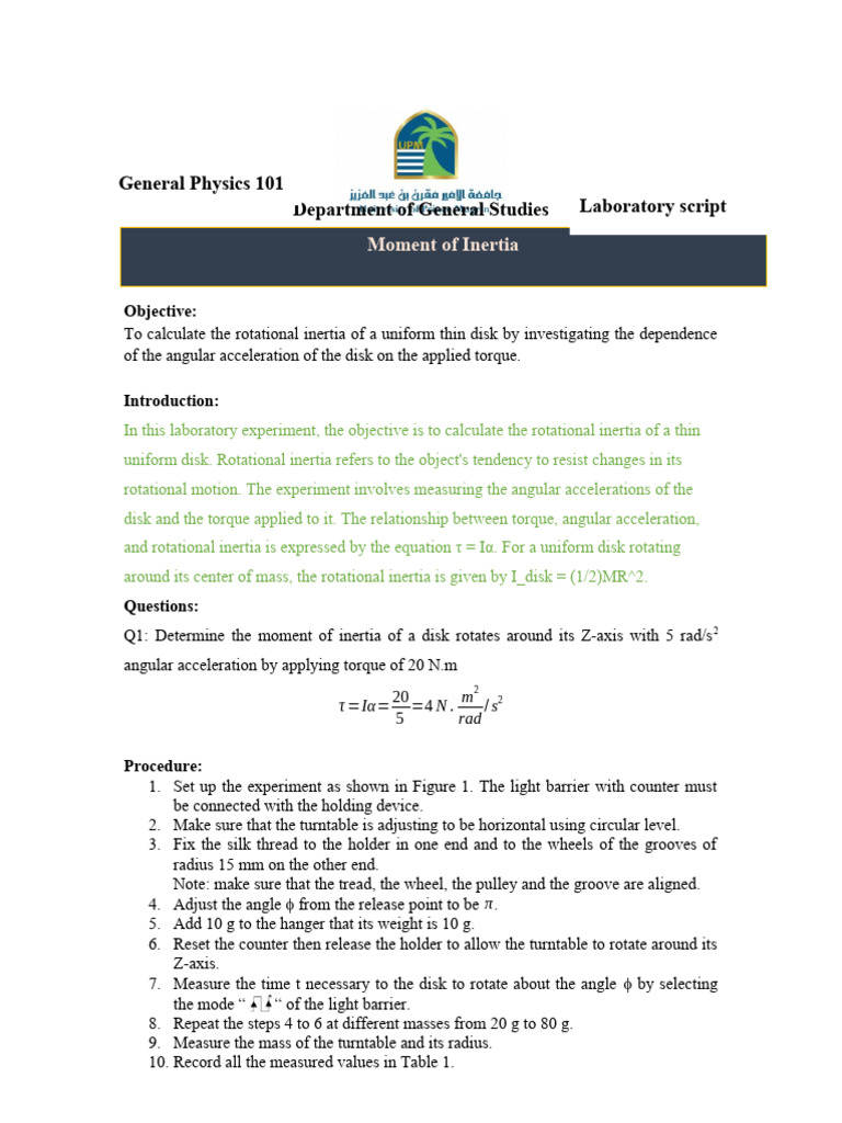 PHYS101 LAB9 Moment of Inertia | PDF | Torque | Inertia