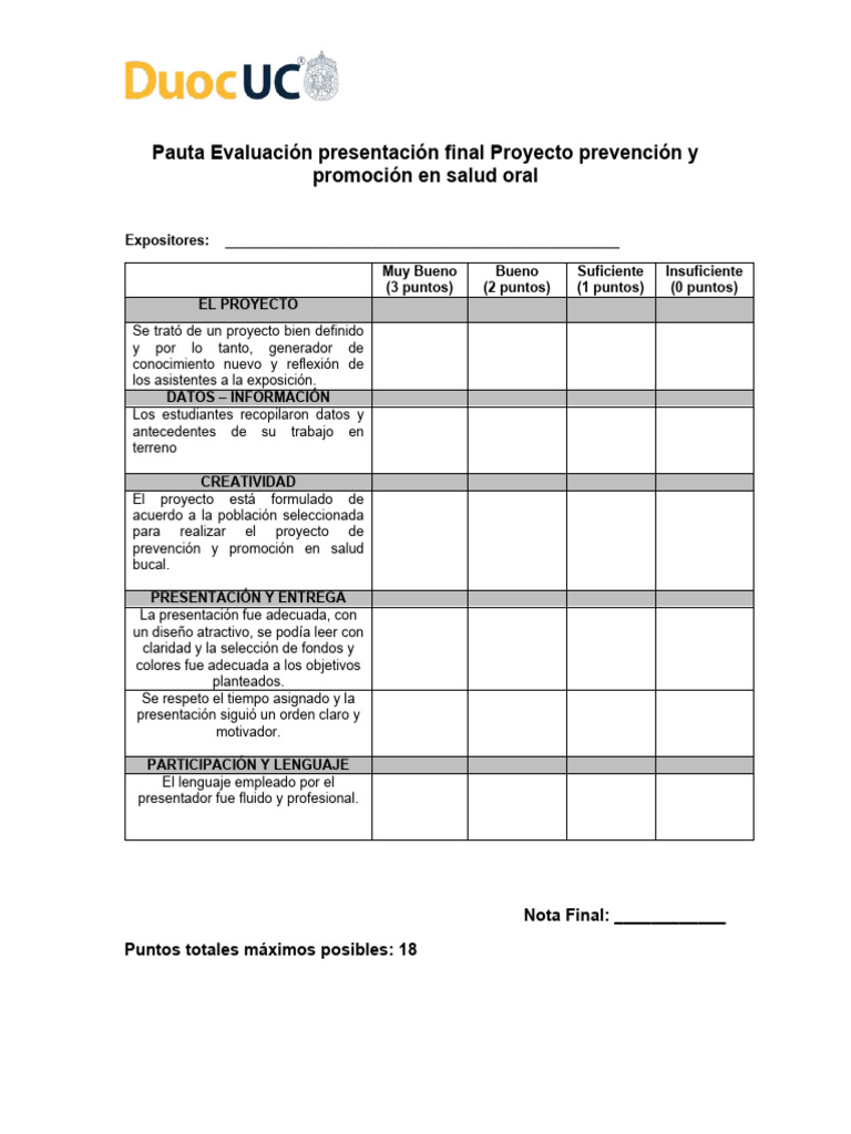 3.1.3 Pauta de Evaluacion Exposicion Final Proyecto | PDF 3.1.3 Pauta de Evaluacion Exposicion Final Proyecto | PDF