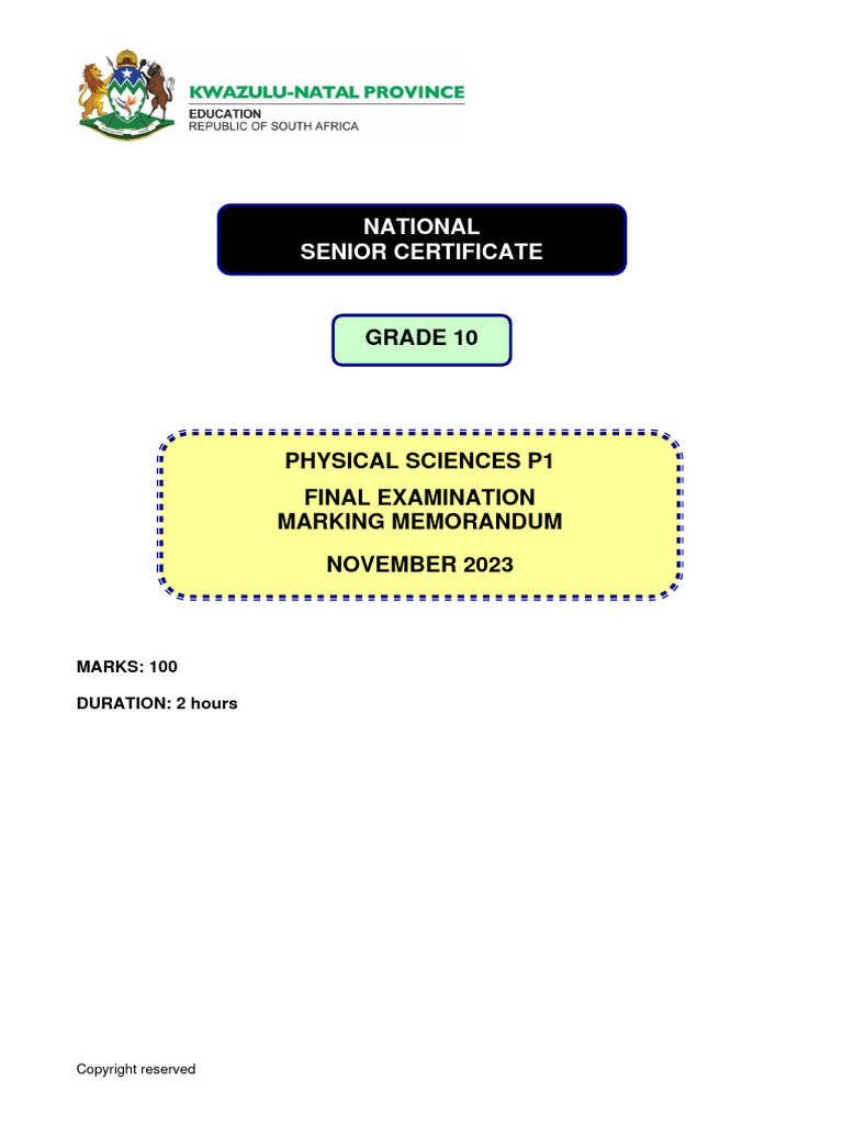 Physical Science Grade 10 November 2023 P1 Memo Verified | PDF | Metrology | Physics