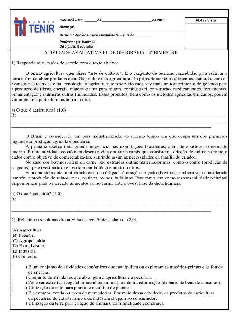 GEOGRAFIA - P1 4º Ano - 4º Bimestre | PDF | Agricultura | Avicultura