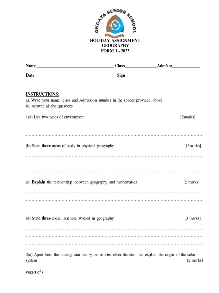 HOLIDAY ASSIGNMENT 1 Assignments - Form 1 - Geography | PDF | Physical ...