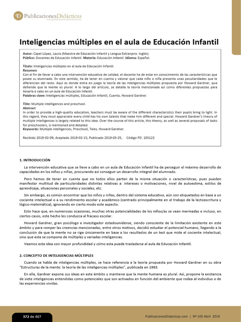 Capel - Inteligencias Multiples en El Aula de Educación Infantil | PDF | Aprendizaje | Enseñando