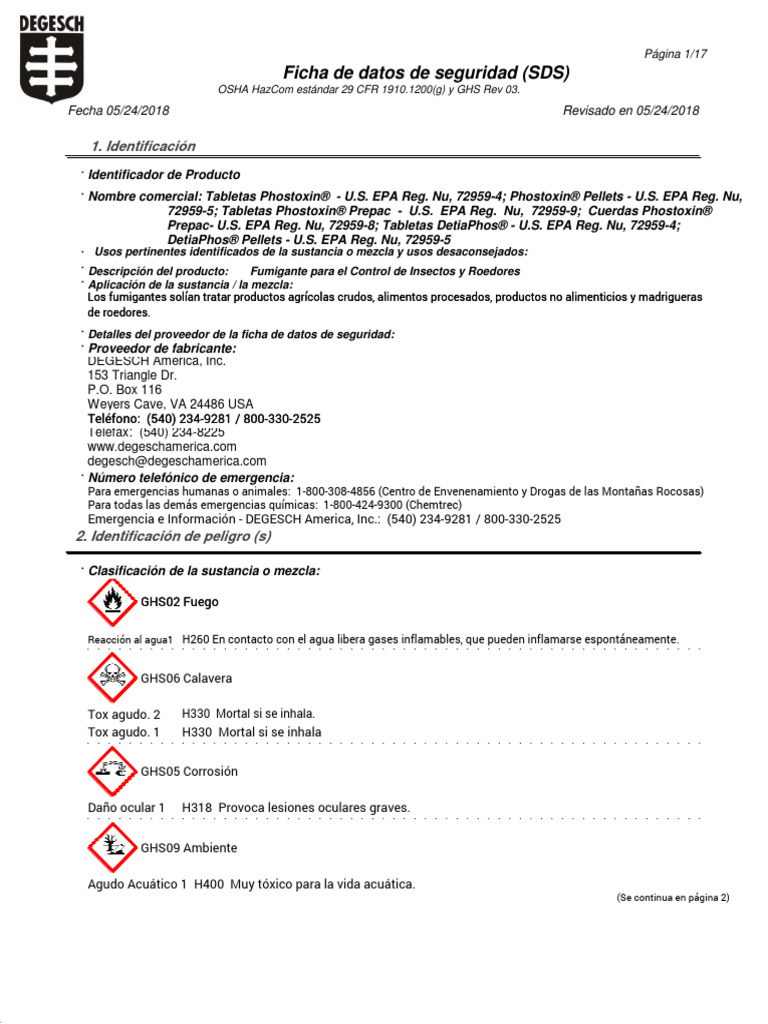 PHOSTOXIN Tablets Pellets SDS SPANISH | PDF | Sustancias químicas | Química