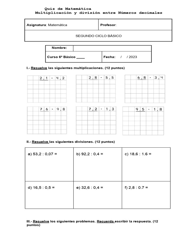 Quiz multiplicación y división de decimales | PDF