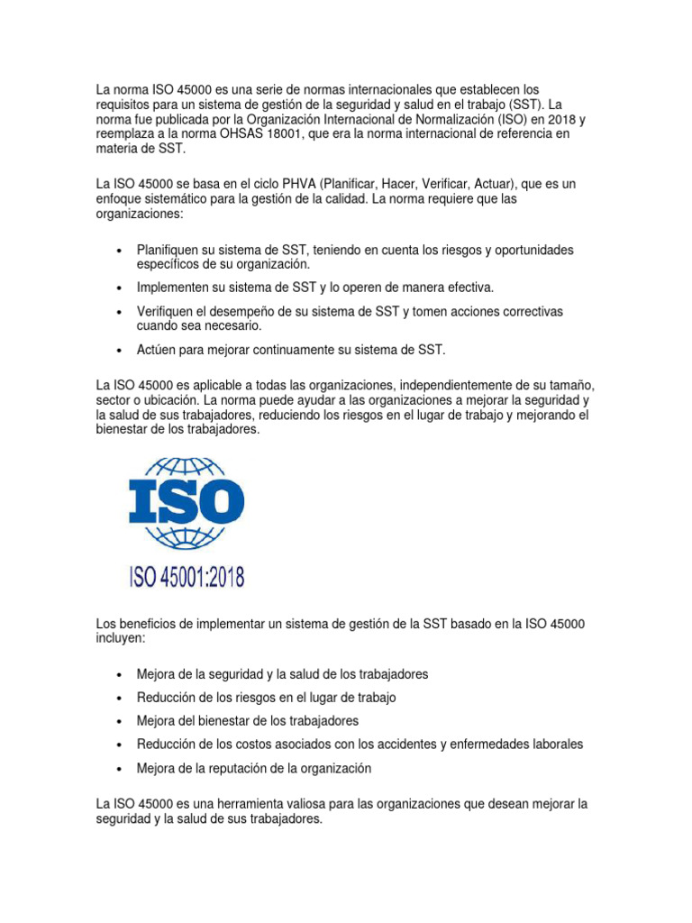 Normativa ISO 45000: Gestión SST 2018 | PDF
