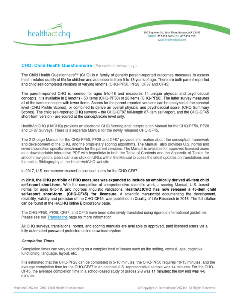 CHQ_Overview[1] | PDF | Self Report Study | Behavior