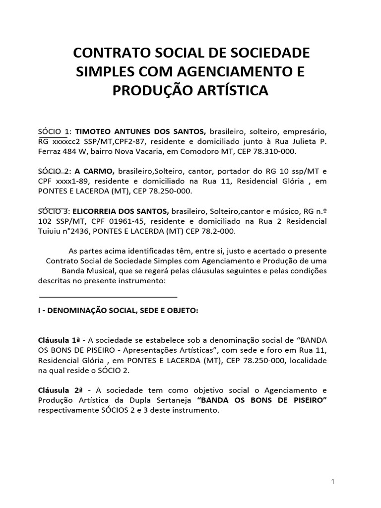 Contrato Social de Sociedade Simples Com Agenciamento e Producao Artistica (2) Assinado Assinado ...