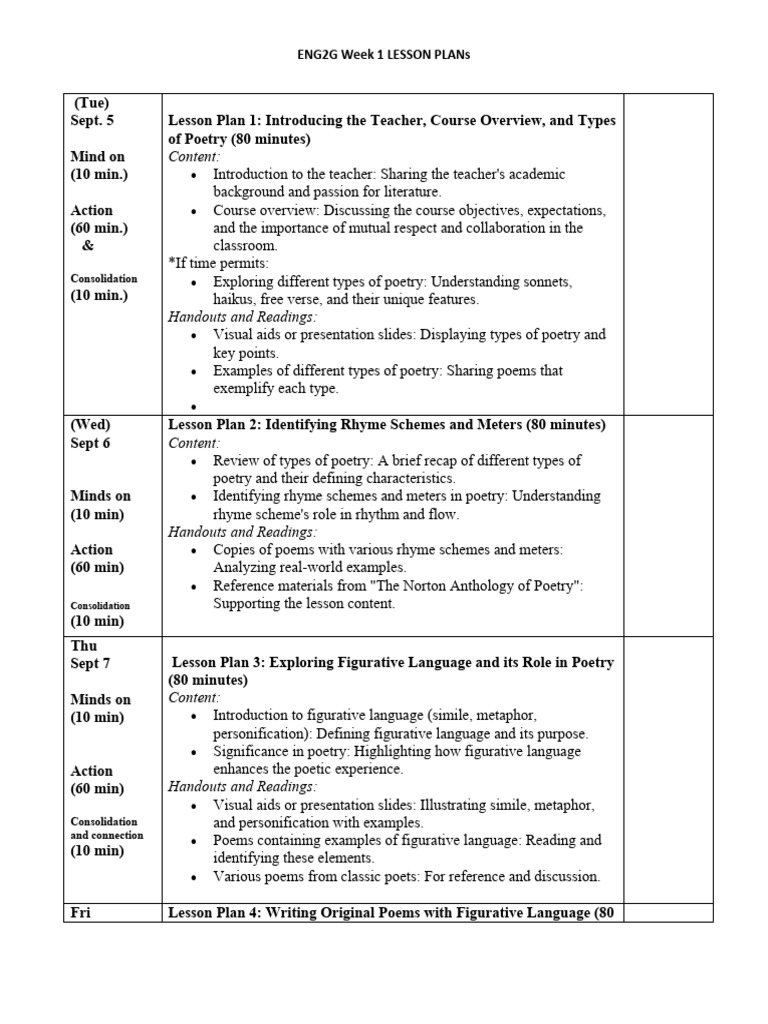 ENG2G Unit 1 Week 1 | Download Free PDF | Poetry | Lesson Plan ENG2G Unit 1 Week 1 | Download Free PDF | Poetry | Lesson Plan