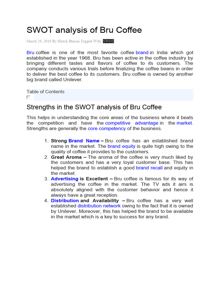 SWOT Analysis of Bru Coffee | PDF | Brand | Coffee