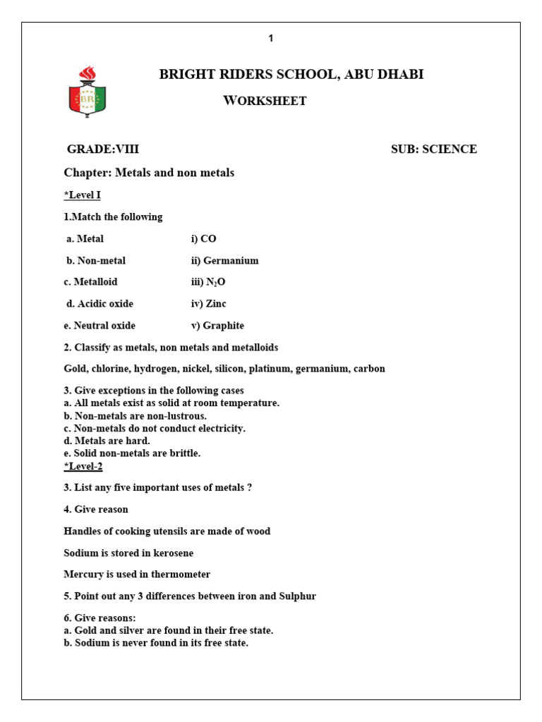 Science Worksheet: Metals vs Non-Metals | PDF