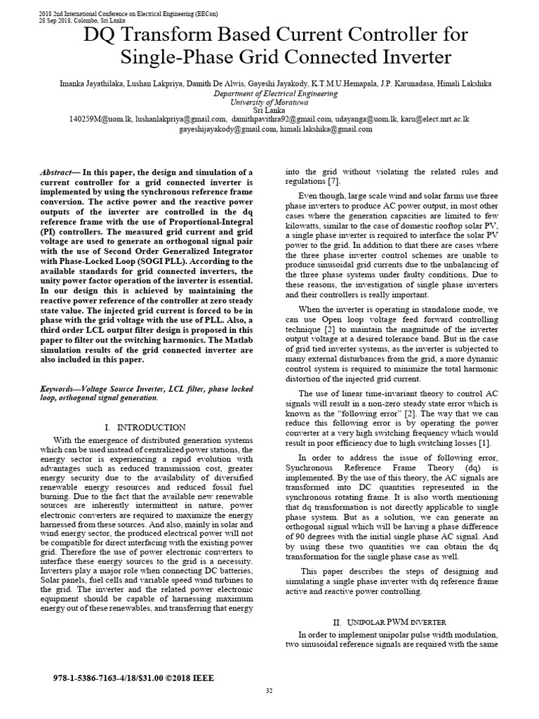 DQ Transform Based Current Controller For Single-Phase Grid Connected ...