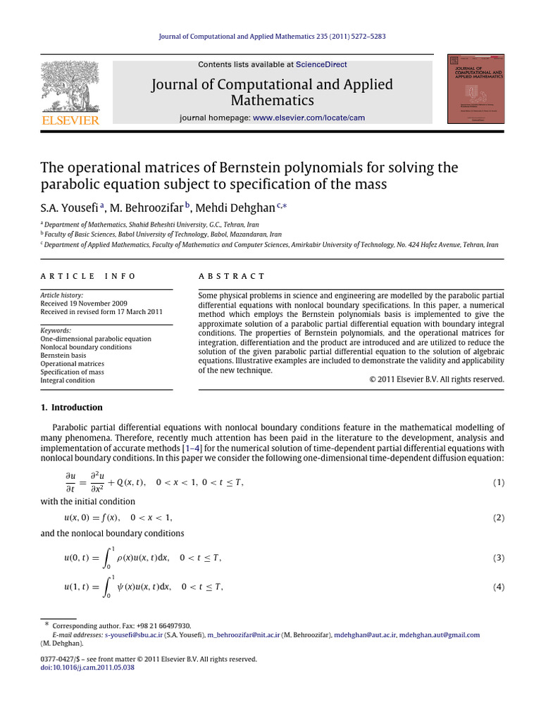 The operational matrices of Bernstein polynomials for solving the parabolic equation subject to ...