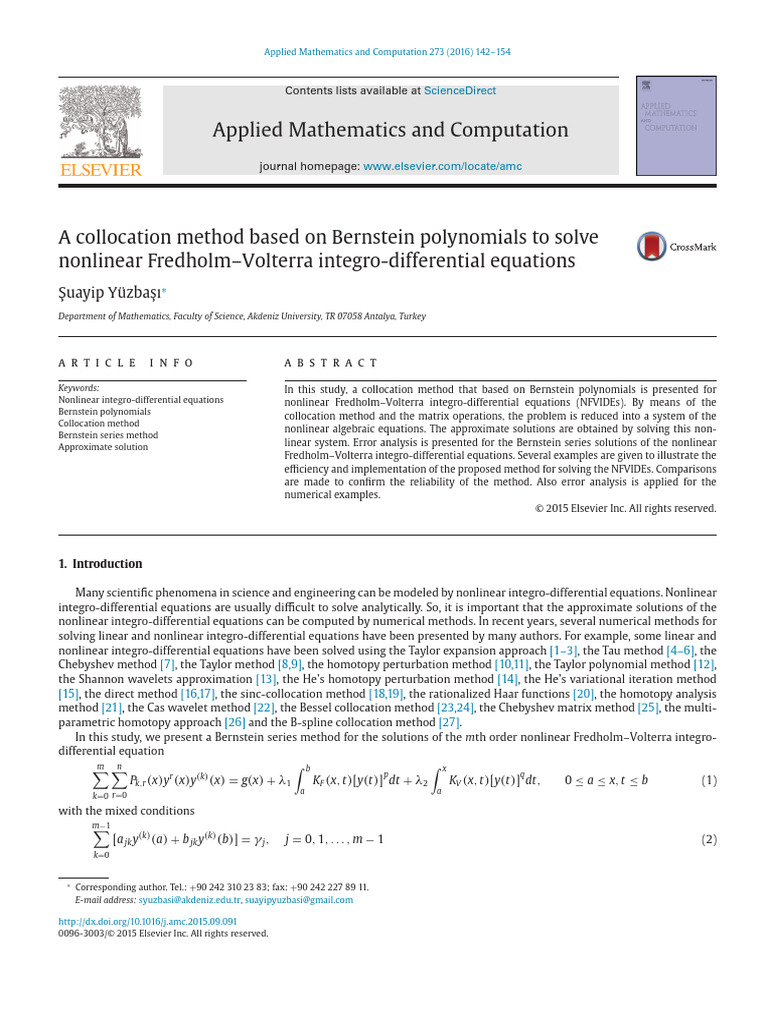 A Collocation Method Based On Bernstein Polynomials To Solve Nonlinear Fredholm-Volterra Integro ...