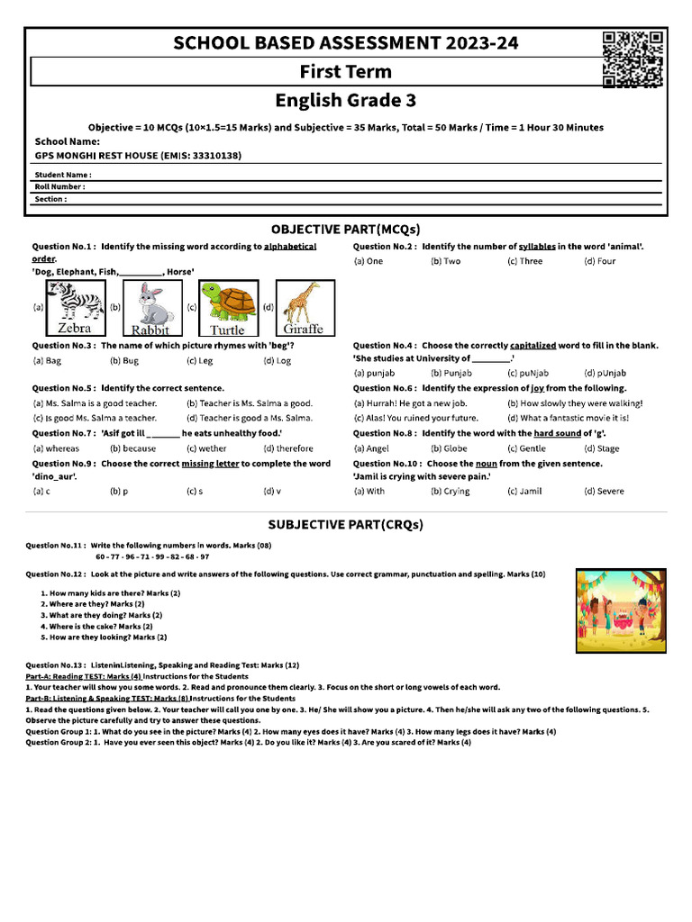 Grade Three Papers 2023-24 Pumjab Pakistan | PDF