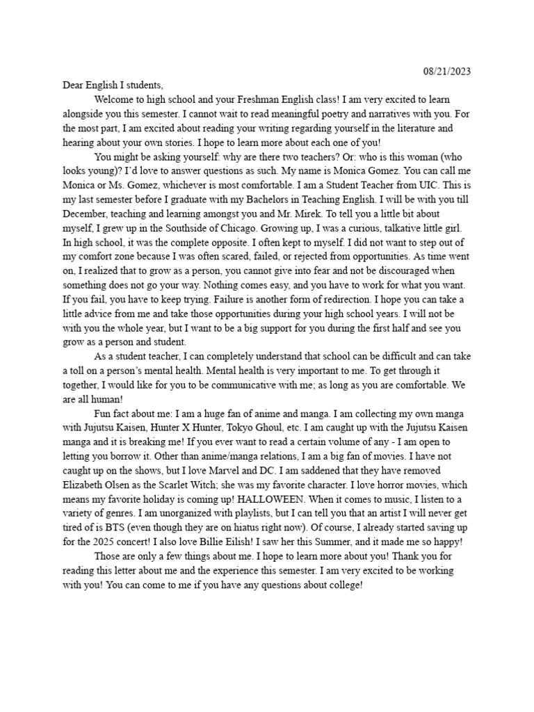 Gomez Student Letter English 1 | PDF | Proofreading