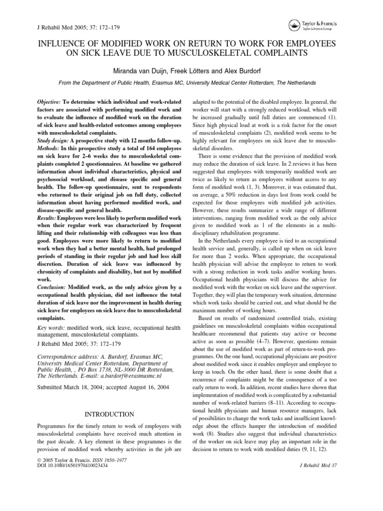 Influence of Modified Work On Return To Work For Employees On Sick ...