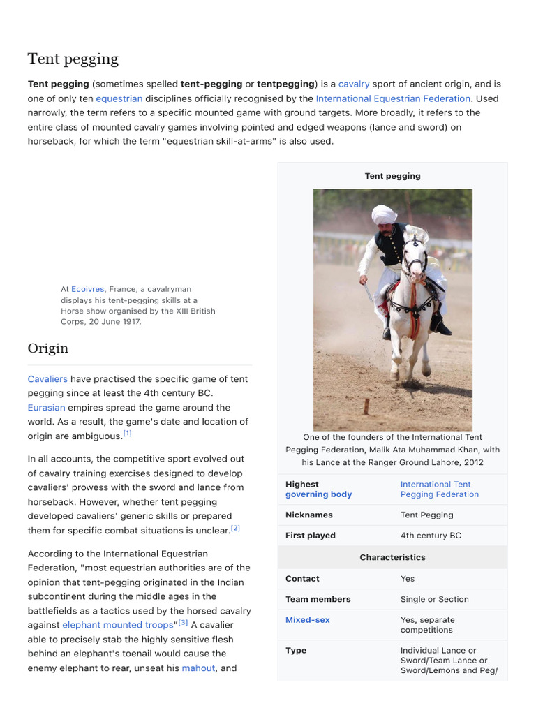 Tent Pegging - Wikipedia | PDF | Equestrian Sports
