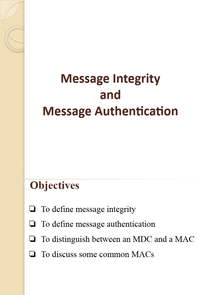 Message Integrity and Authentication | PDF | Cryptography | Public Key Cryptography
