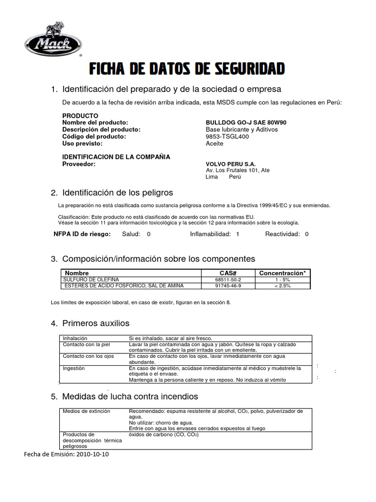 4 MSDS Bulldog 9853-TSGL400 2010 | PDF | Residuos | Sustancias químicas