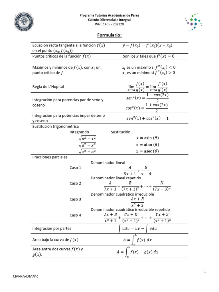 Formulario Recuperativa | PDF | Integral | Funciones trigonométricas