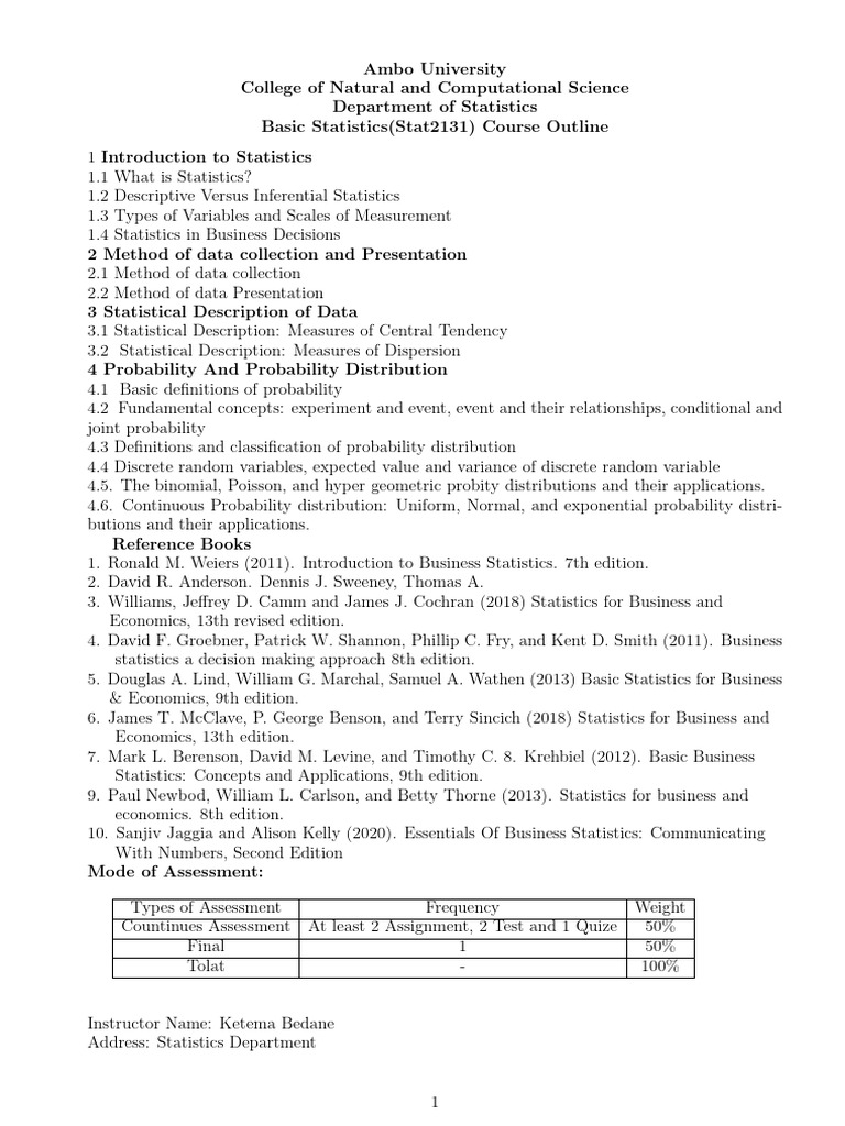 Basic Statistics Course Outline | PDF | Statistics | Probability ...