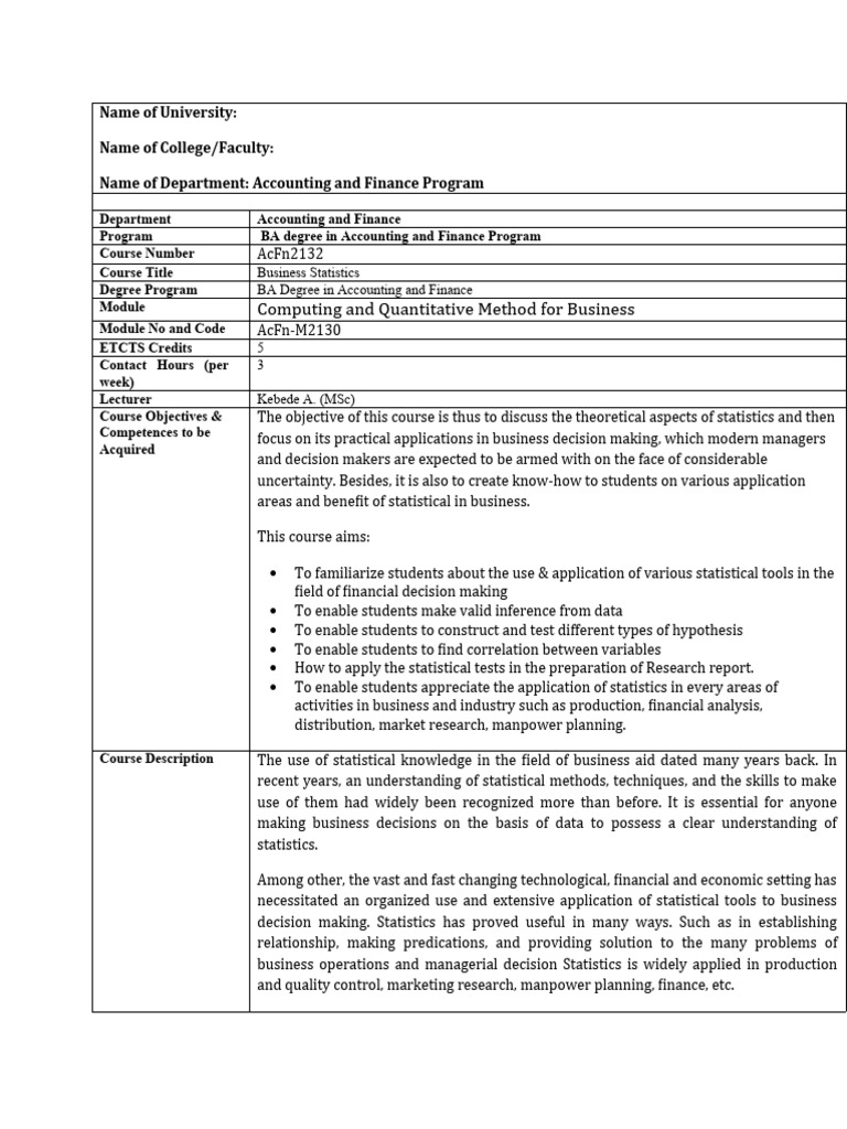 Business Statistics Course Guide | PDF | Statistics | Descriptive ...