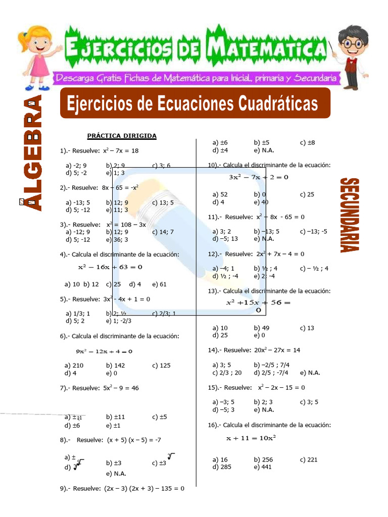 Ejercicios de Ecuaciones Cuadráticas para Segundo de Secundaria | PDF | Álgebra | Álgebra abstracta