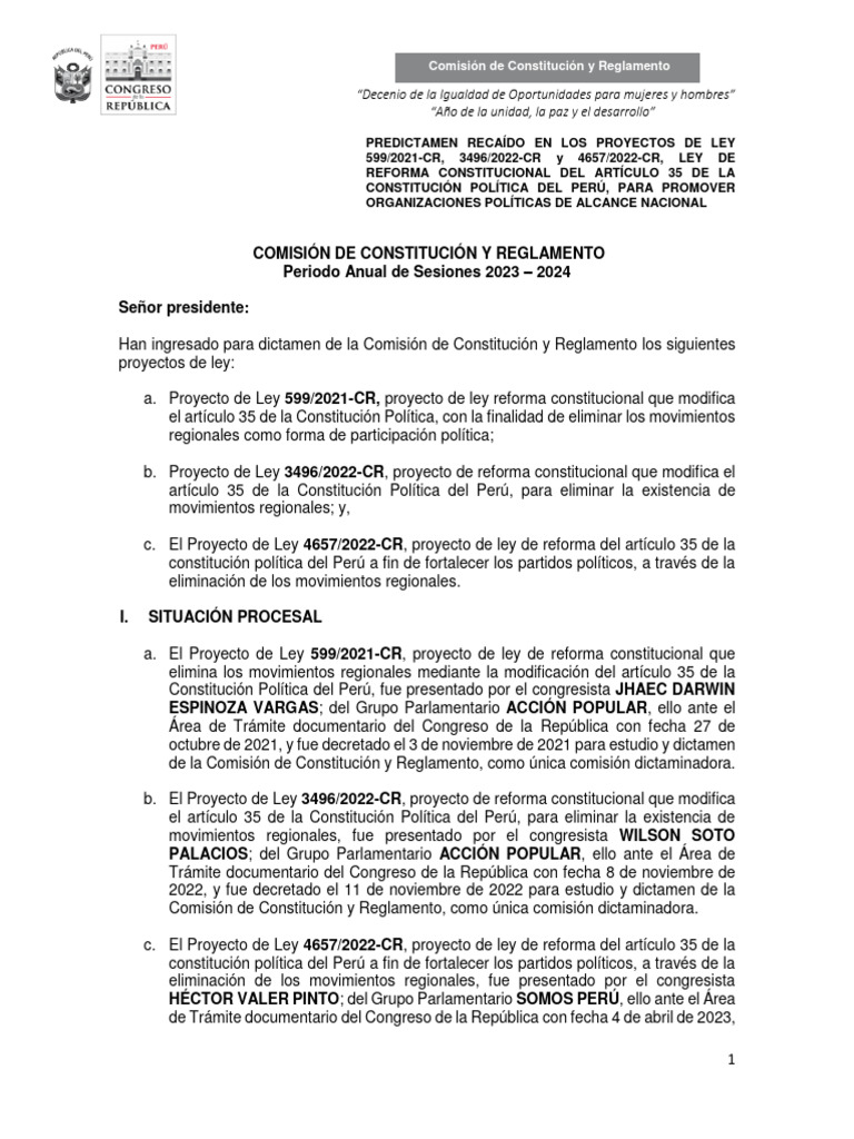 Pred. PL 599 - Reforma Art. 35 Constitución - Eliminación de Mov. Reg ...