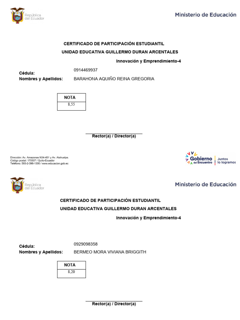 Certificado de Participación Estudiantil Unidad Educativa Guillermo ...