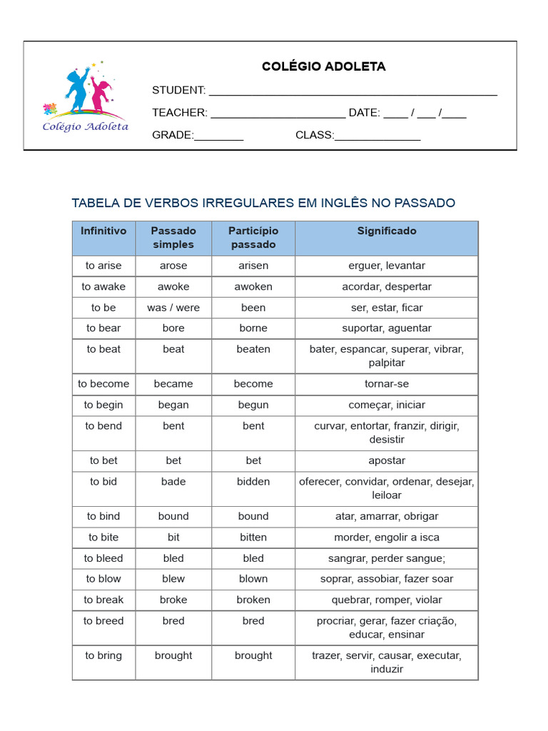 Tabela Dos Verbos Irregulares No Past Simple | PDF