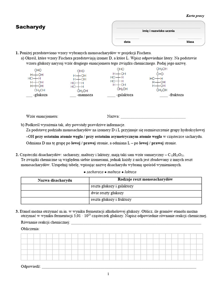 Karta Pracy 6 Sacharydy | PDF