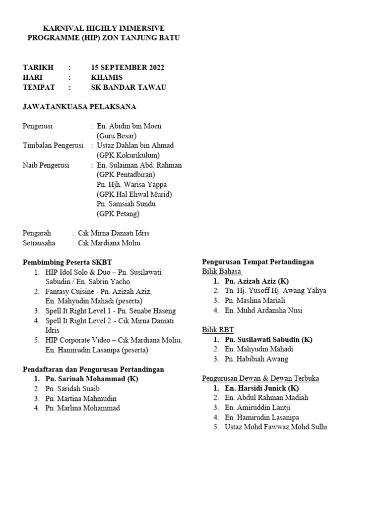 Ajk Pelaksana Karnival Hip Zon Tanjung Batu | PDF