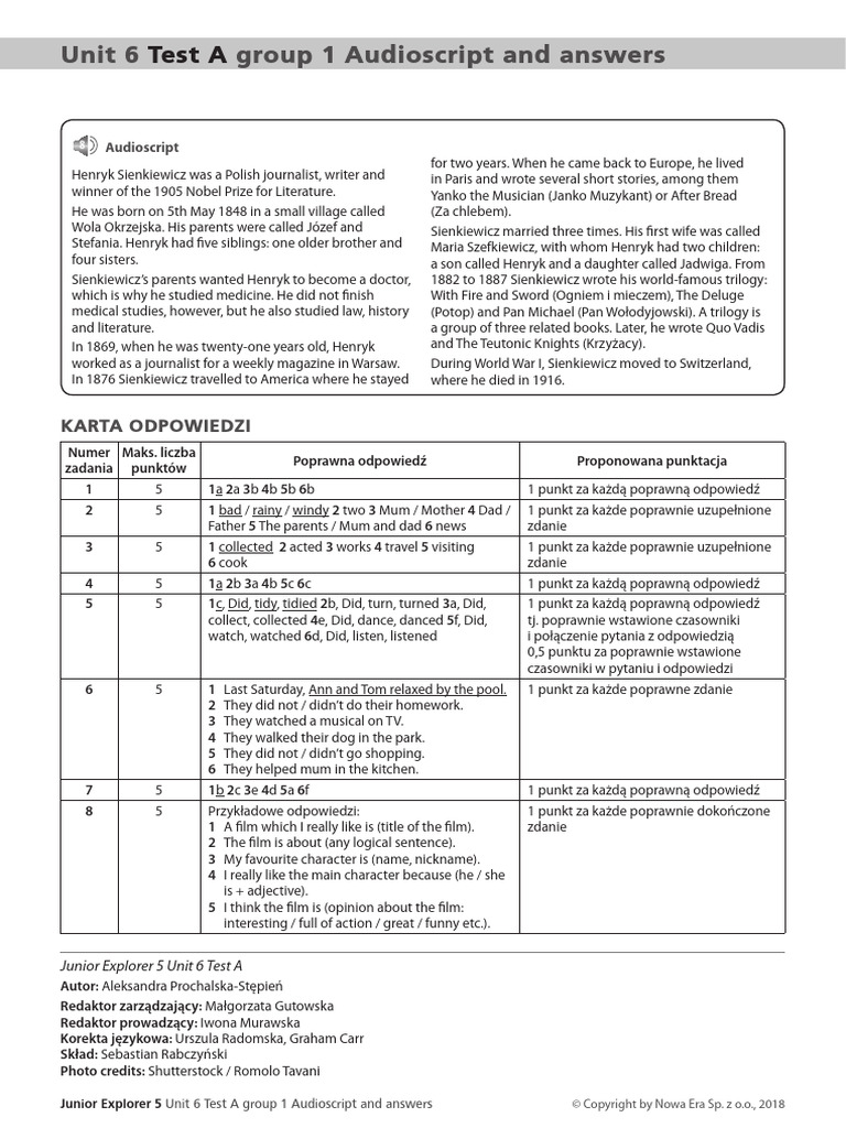 Junior Explorer 5 Unit 6 Test A Group 1 and Answer | PDF | Novels ...