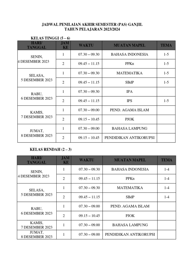 Jadwal Pas Dan Sas Ganjil 2023-2024 | PDF