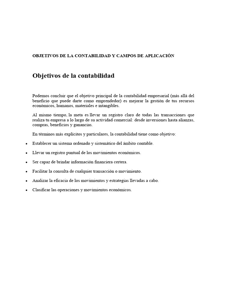 Objetivos de La Contabilidad y Campos de Aplicación . Contabilidad ...