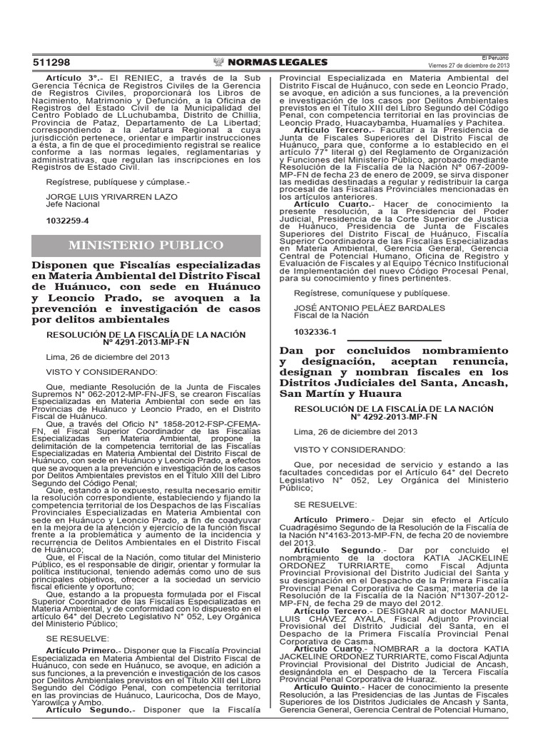 Resolución N.° 4292-2013-MP-FN. Dan Por Concluidos Fiscales Del Santa, Áncash, San Martín y ...