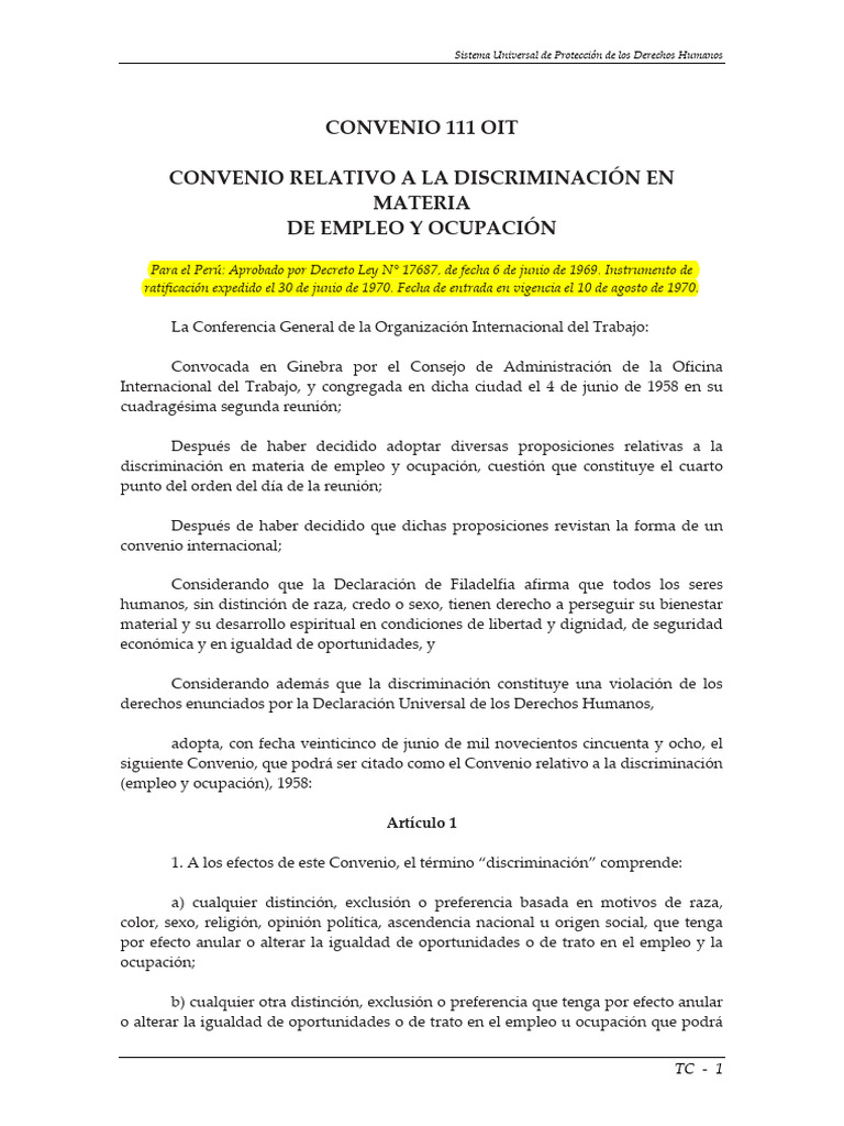 Convenio 111 OIT (Discriminación en Materia de Empleo y Trabajo) | PDF | Organización ...