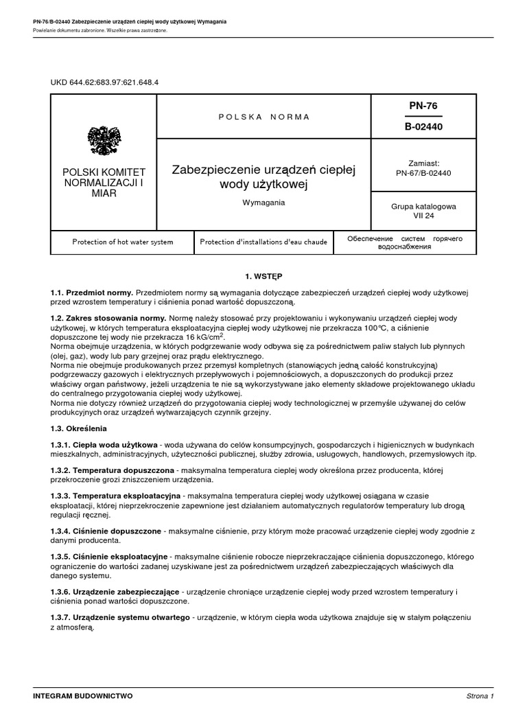 PN-76-B-02440 Zabezpieczenie Urzadzen Ciepå Ej Wody Uzytkowej | PDF