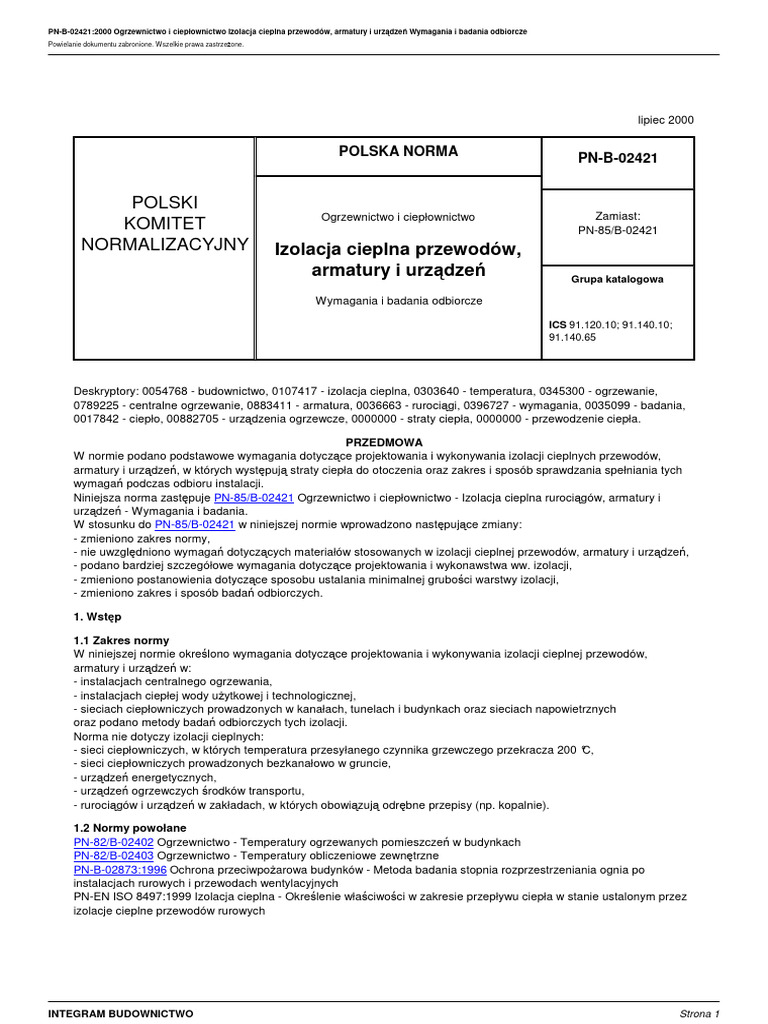 PN-B-02421-2000 Izolacja Cieplna Przewodów | PDF