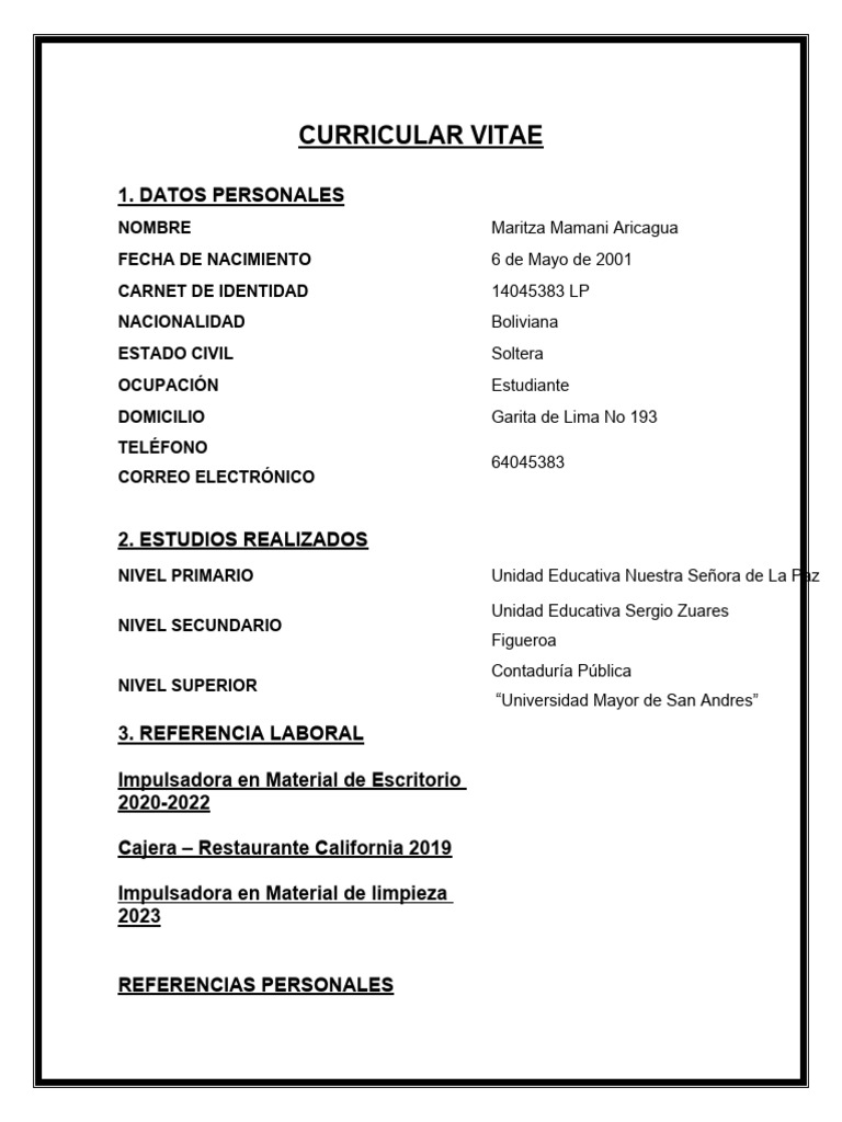 Hoja de Vida Maritza | PDF