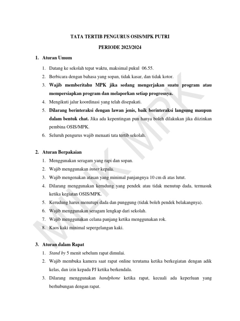 Tata Tertib Pengurus Osis - MPK Periode 2023 - 2024 | PDF | Karier & Perkembangan | Bisnis