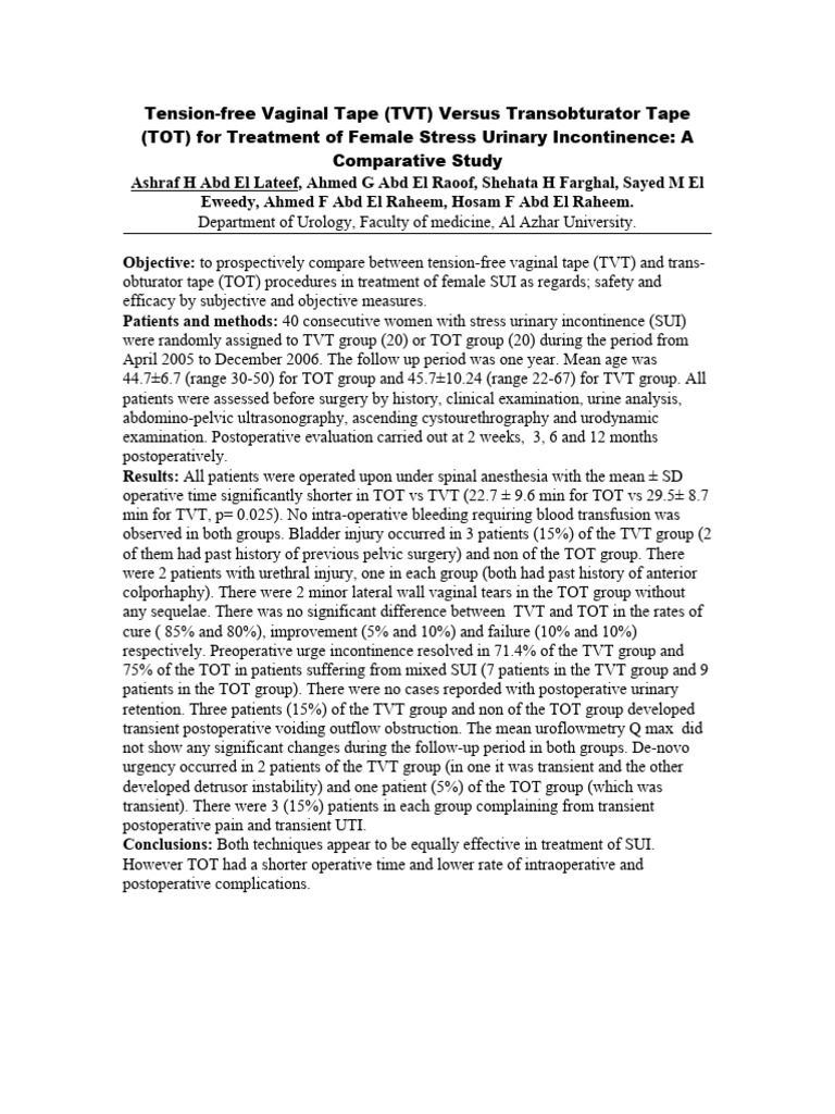 TVT Vs TOT | Download Free PDF | Urinary Incontinence | Genitourinary System Diseases