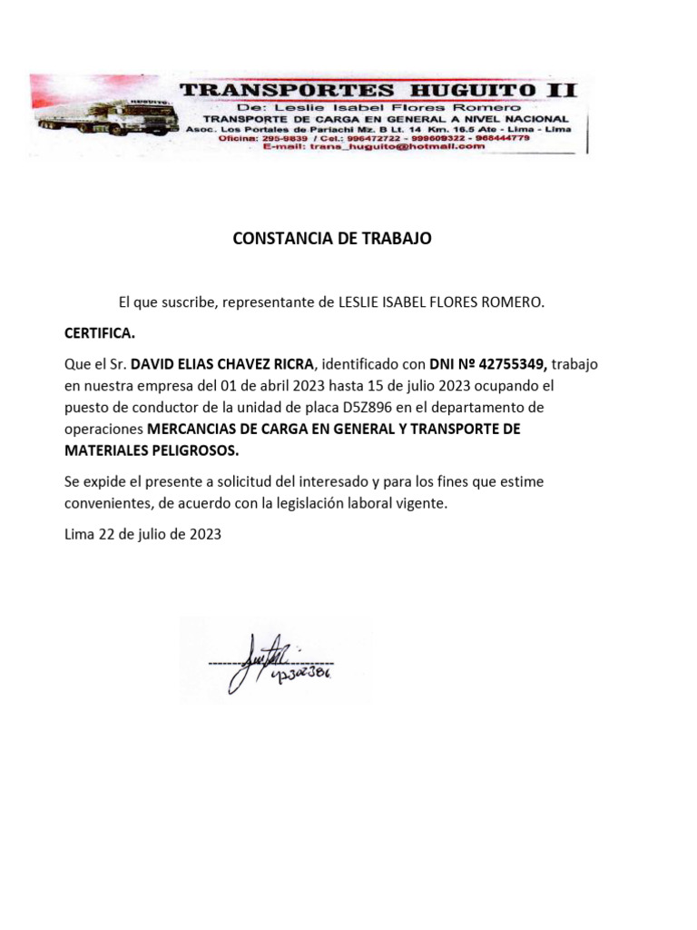 007 Certificado De Trabajo Transportes Huguito Pdf