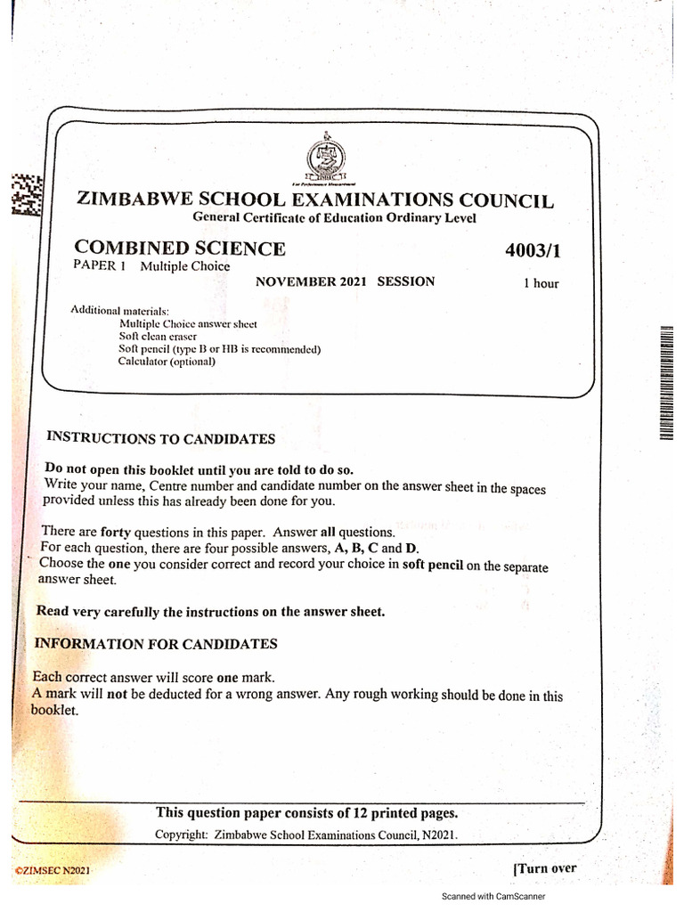 Combined Science Paper1nov 2021 | PDF