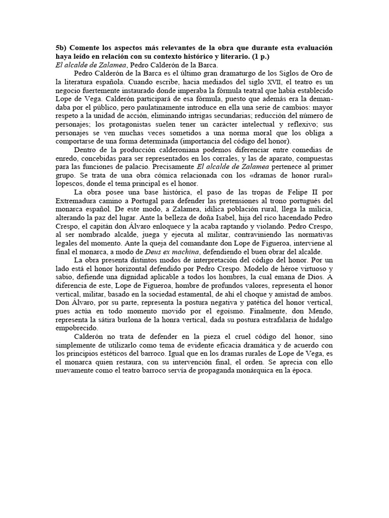 5b Respuesta Obra El Alcalde de Zalamea Calderc3b3n de La Barca | PDF