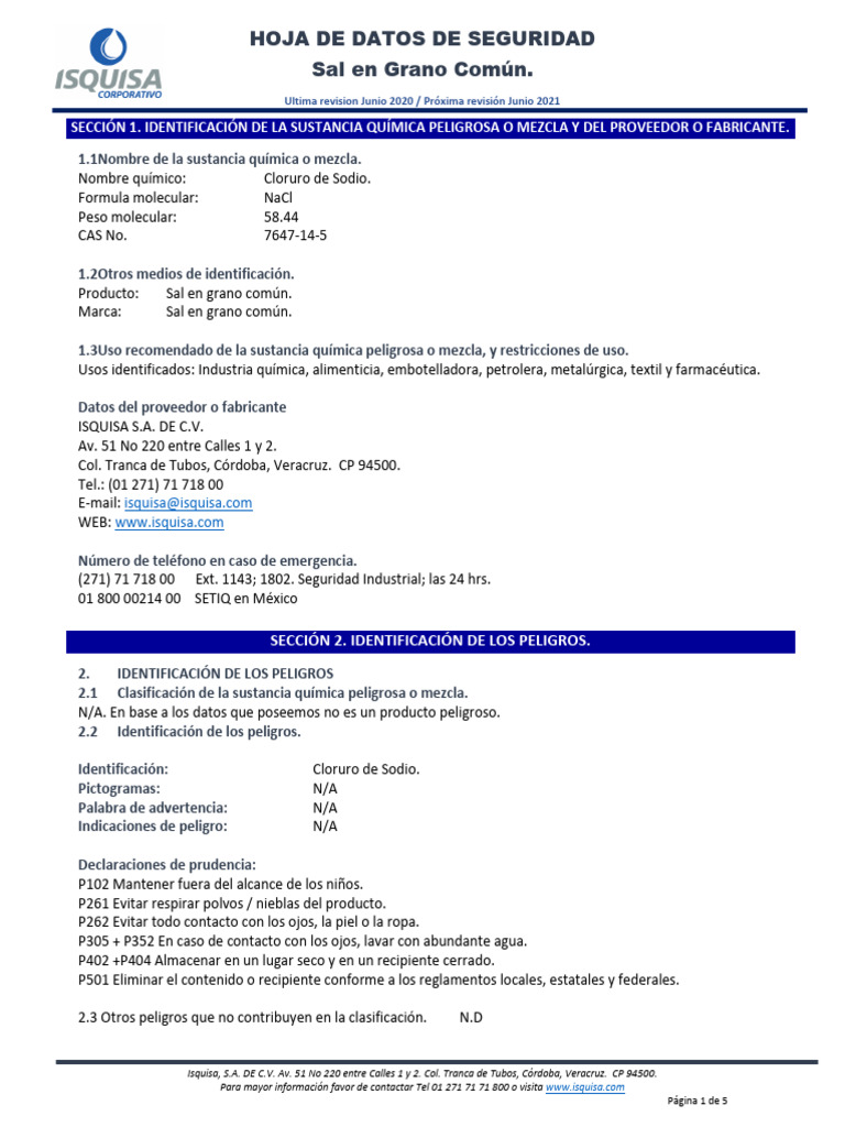 Hoja de Seguridad: Sal Común | PDF | Agua | sal