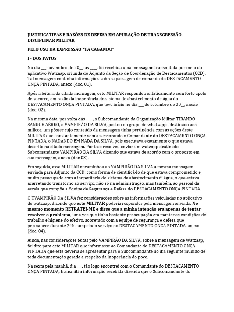 Justificativas e Razoes de Defesa em Ficha de Apuracao de Transgressao ...