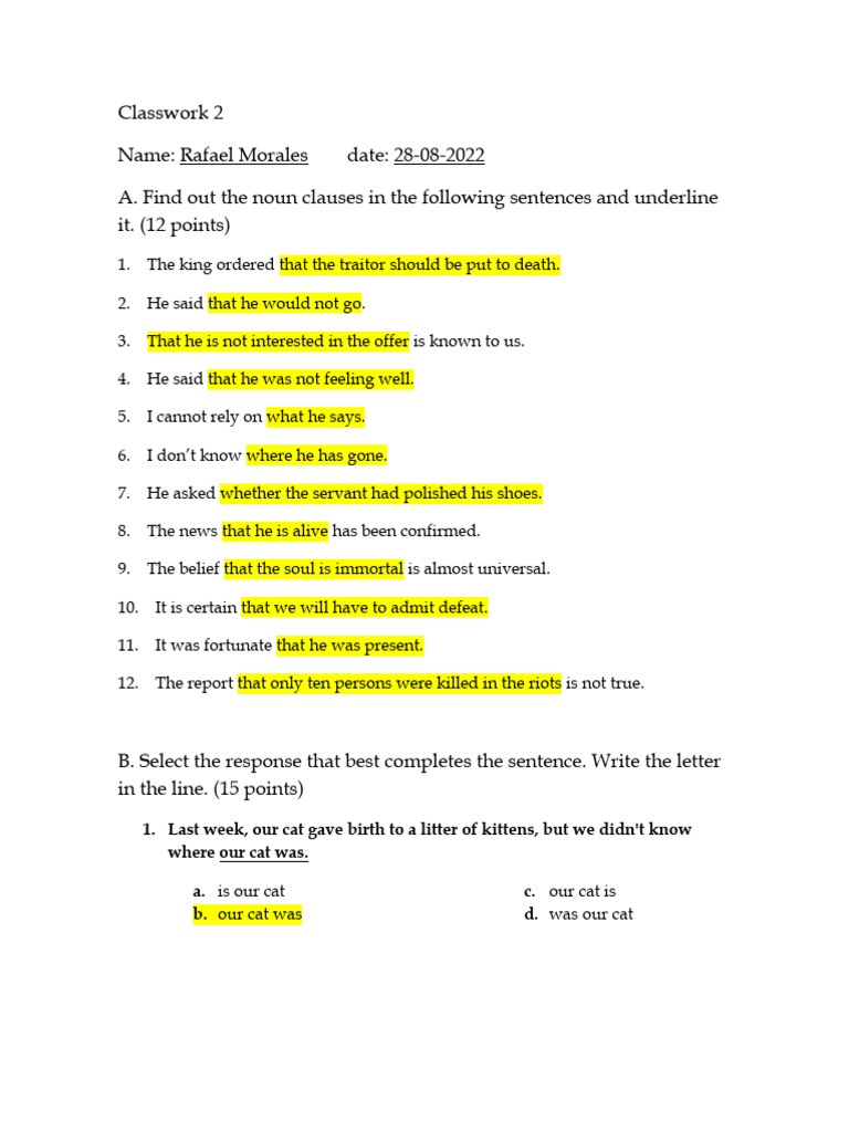 Classwork 2 Noun Clauses | PDF | Cats